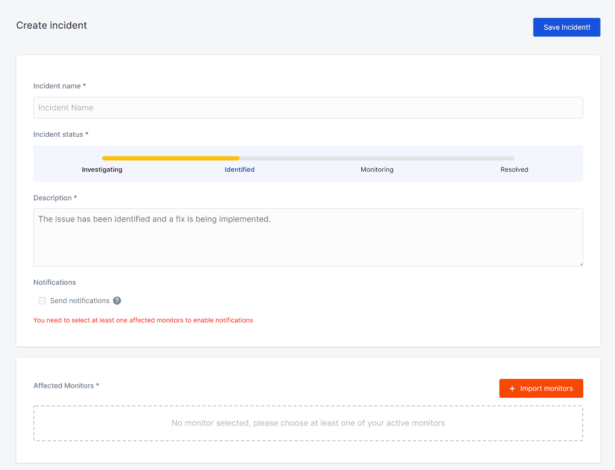 Odown Docs | Incident Management - How to create an incident